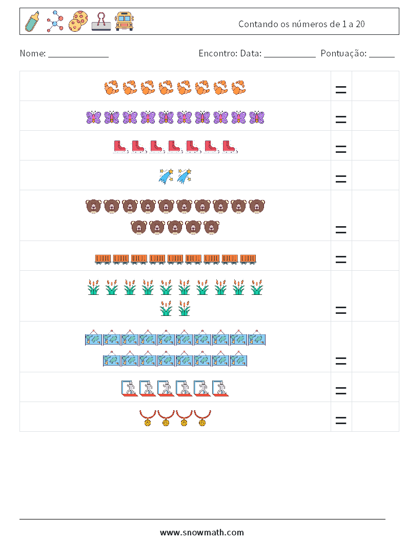 contando os números de 1 a 20 Planilhas de matemática, Prática de ...