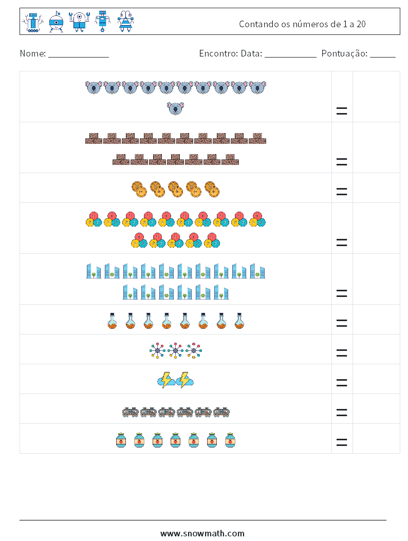 contando os números de 1 a 20 Planilhas de matemática, Prática de ...