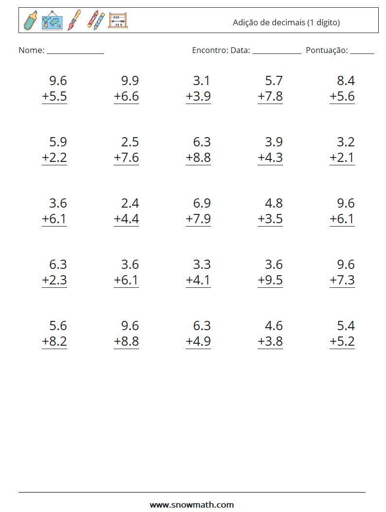 (25) adição de decimais (1 dígito) planilhas matemáticas 2Planilhas de ...
