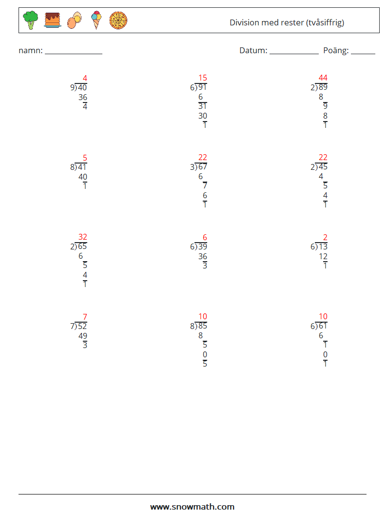 (12) division med rester (tvåsiffrig) Matematiska arbetsblad ...